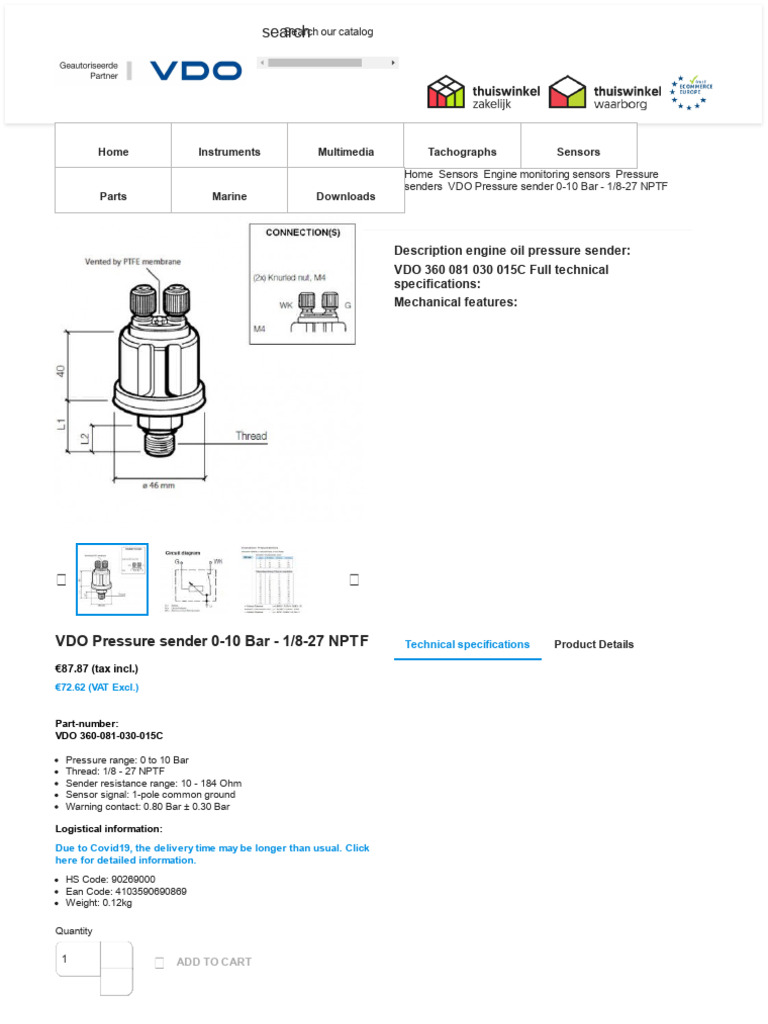 VDO Pressure Sender 0-10 Bar - 1 - 8-27 NPTF | PDF