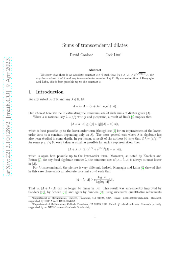 Sums of Transcendental Dilates: David Conlon Jeck Lim | PDF ...