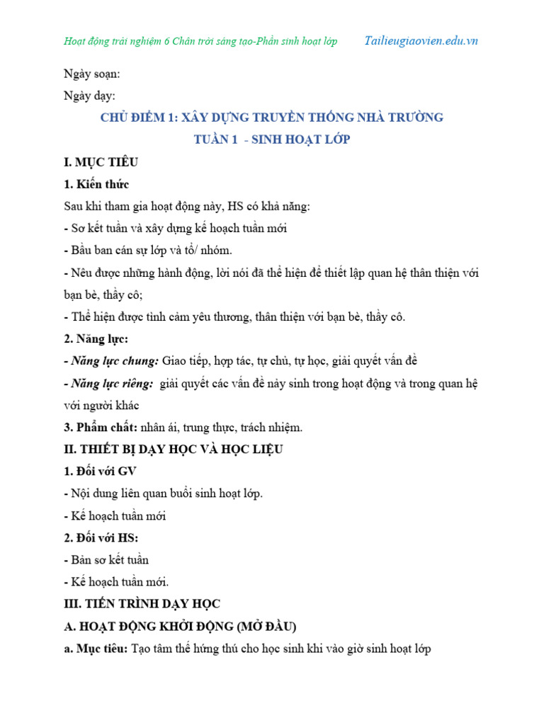 Giao An Sinh Hoat Lop 6 CTST | PDF