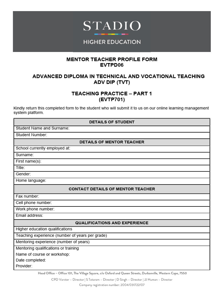 EVTP701 - EVTPD06 Mentor Teacher Profile Form | PDF | Teachers | Privacy
