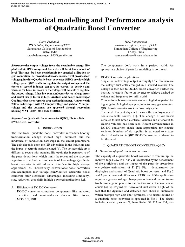 Mathematical Modelling and Performance Analysis of Quadratic Boost Converter | PDF | Electrical ...