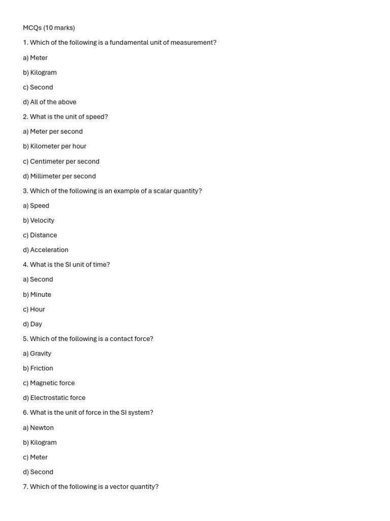 Physics Measurement MCQs and Short Questions | PDF