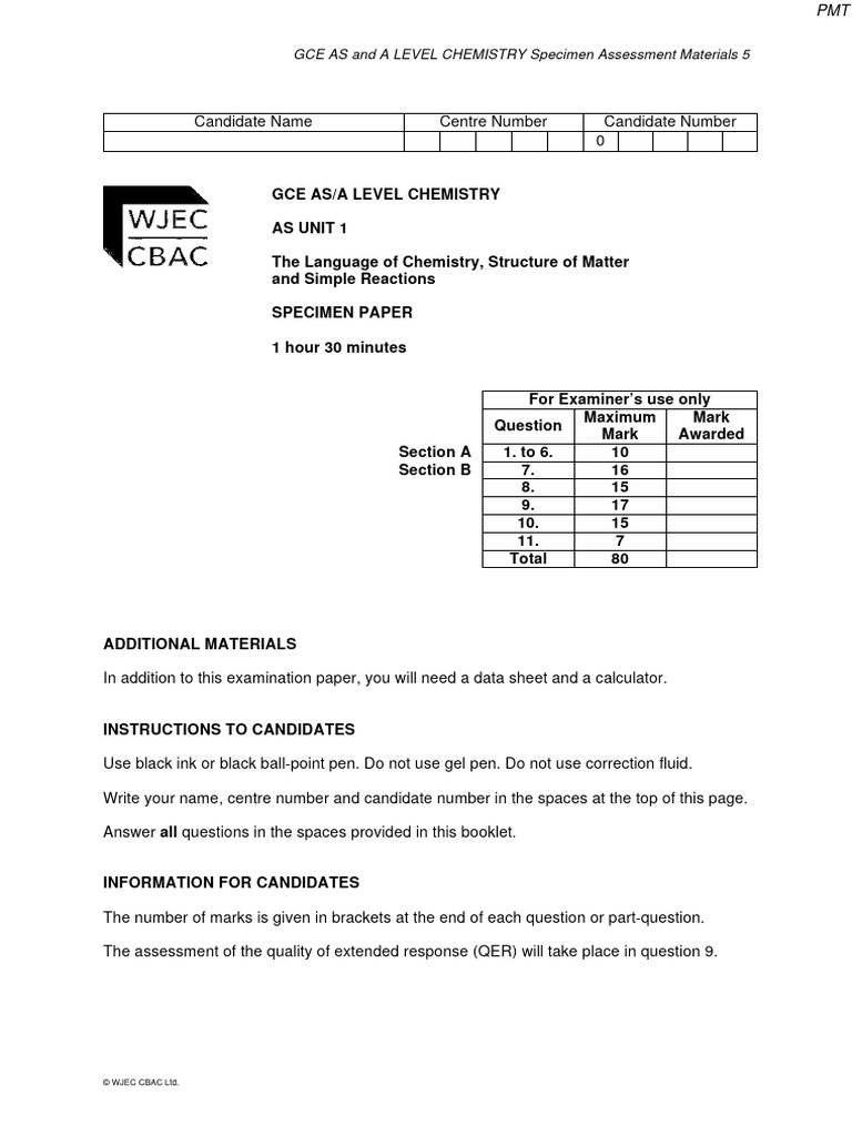 Specimen QP - Unit 1 WJEC Chemistry A-Level | PDF | Sodium Carbonate | Iodine