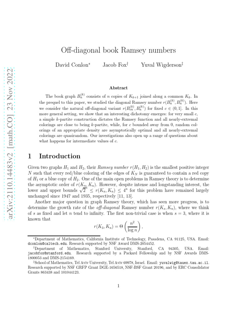 Off-Diagonal Book Ramsey Numbers: David Conlon Jacob Fox Yuval Wigderson | PDF | Discrete ...