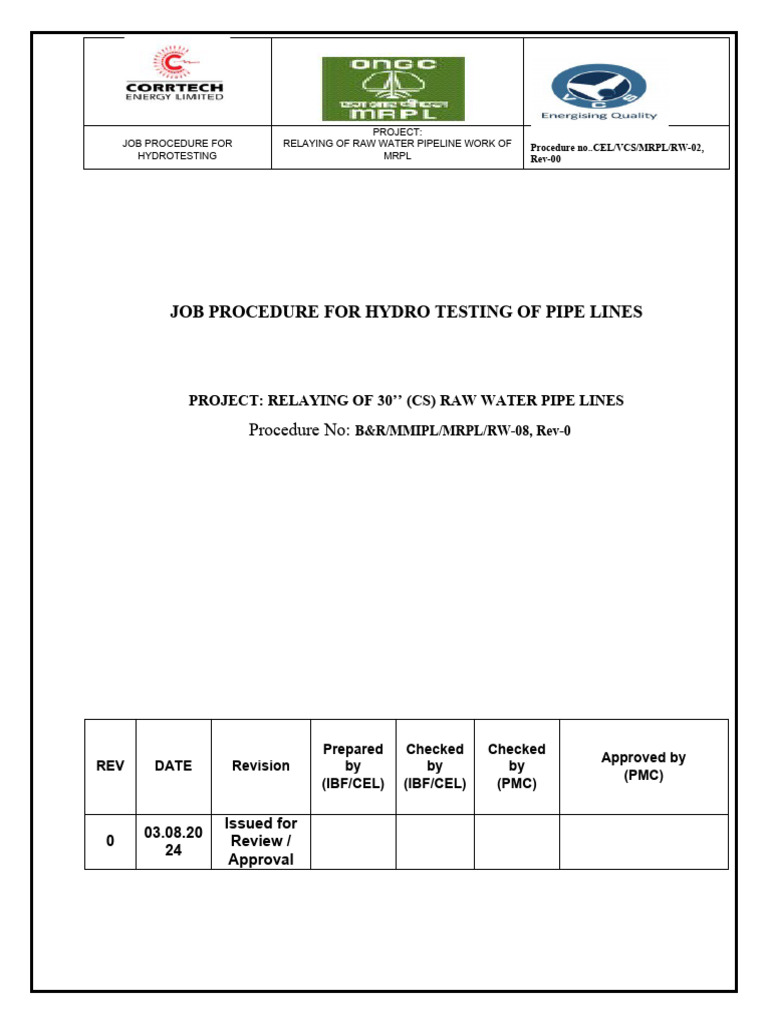 JOB PROCEDURE FOR Hydro Testing | PDF | Calibration | Pipe (Fluid ...