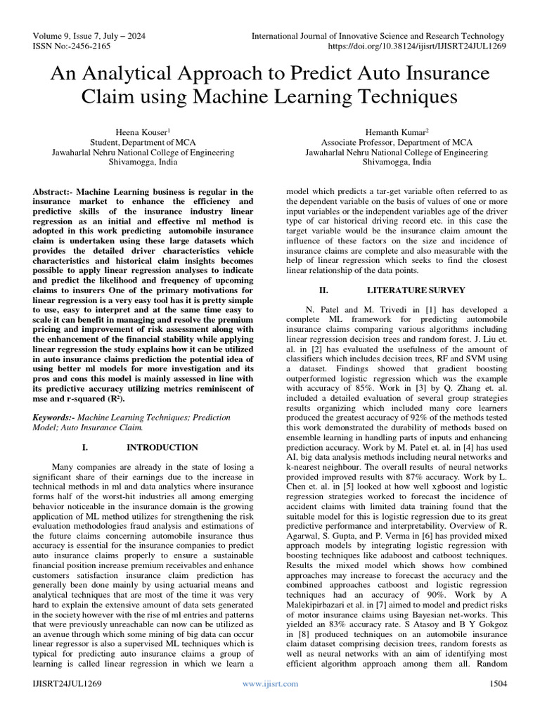 An Analytical Approach To Predict Auto Insurance Claim Using Machine Learning Techniques | PDF ...