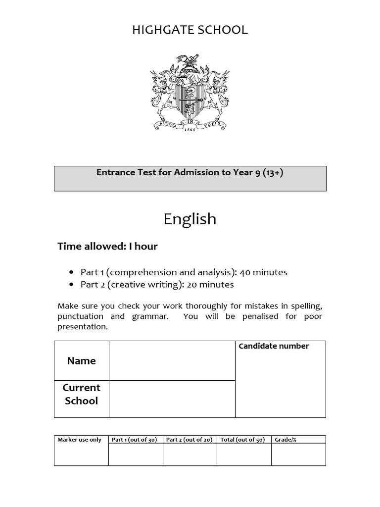 Highgate School 13 English Sample | PDF