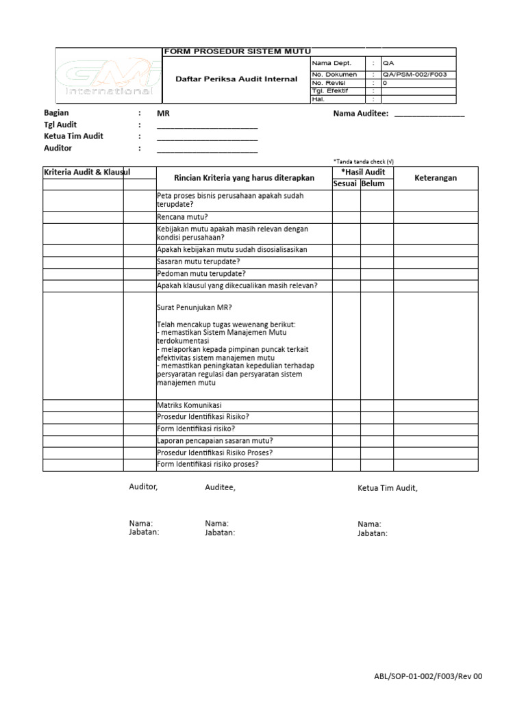 Daftar Periksa Audit Internal | PDF | Bisnis | Teknologi & Rekayasa