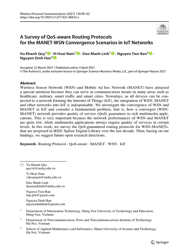 A Survey of QoS-aware Routing Protocols For The MANET-WSN Convergence Scenarios in IoT Networks ...