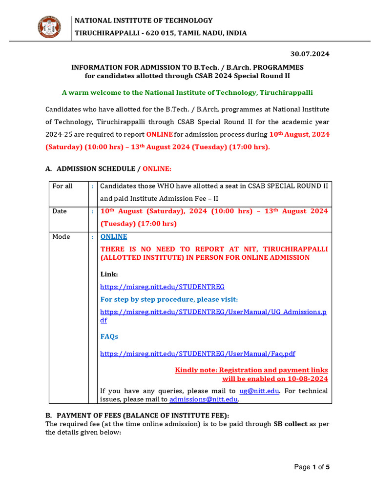 Admission Notice CSAB Special Round II Online Reporting | PDF | Business | Technology & Engineering