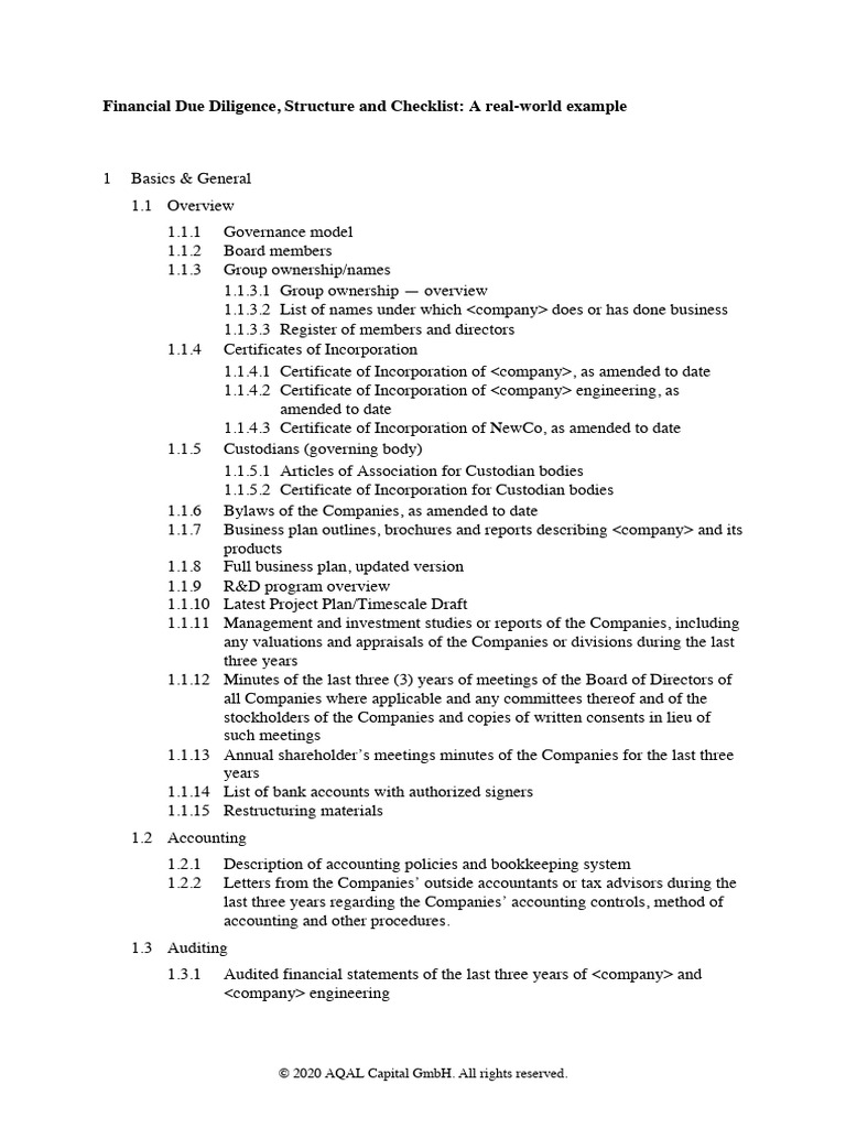 Financial Due Diligence Pack Structure and Checklist | PDF | Stocks ...