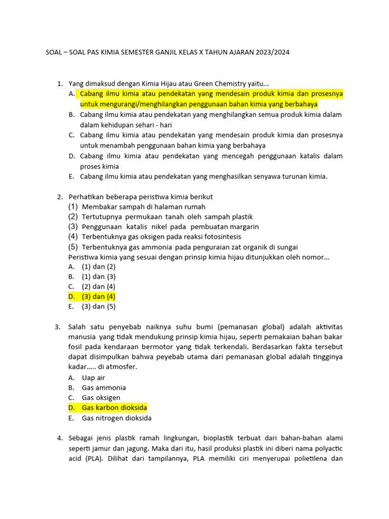 Soal Pas Kimia Kelas X (Ganjil) | PDF