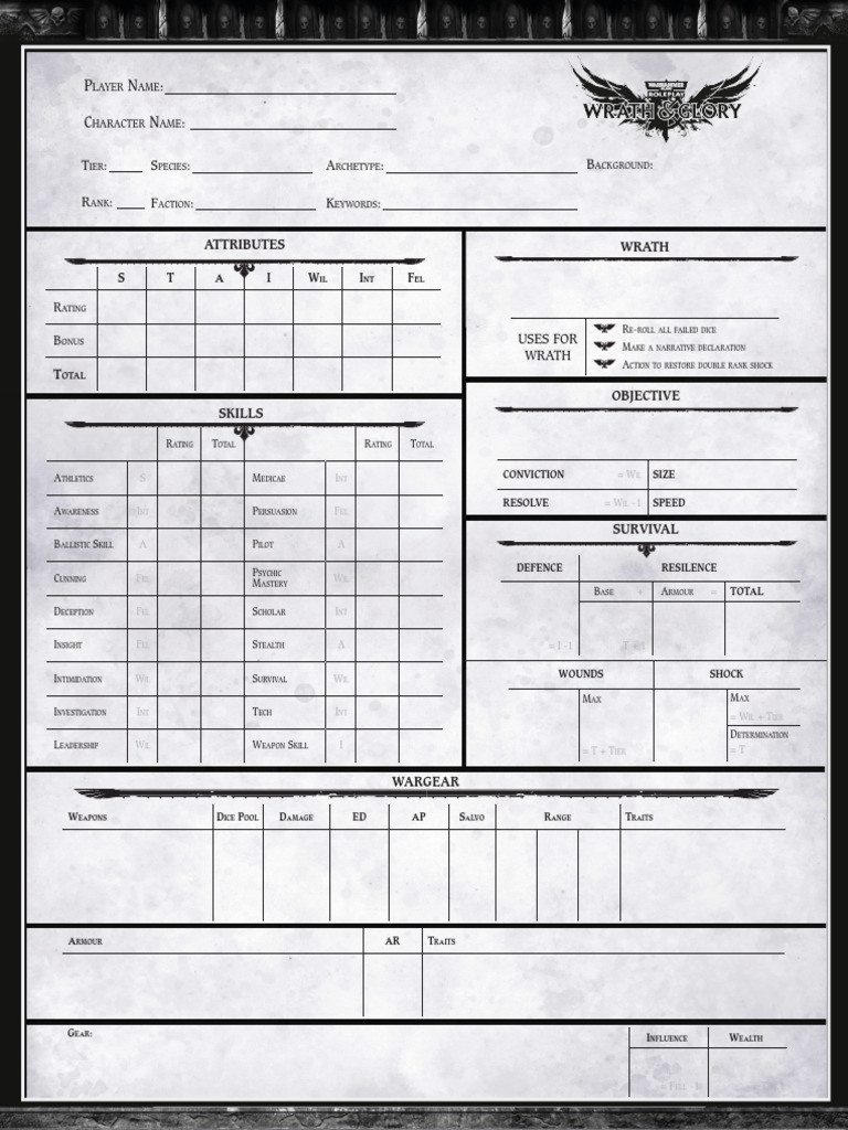 Wrath & Glory - Character Sheet | PDF | Tabletop Games