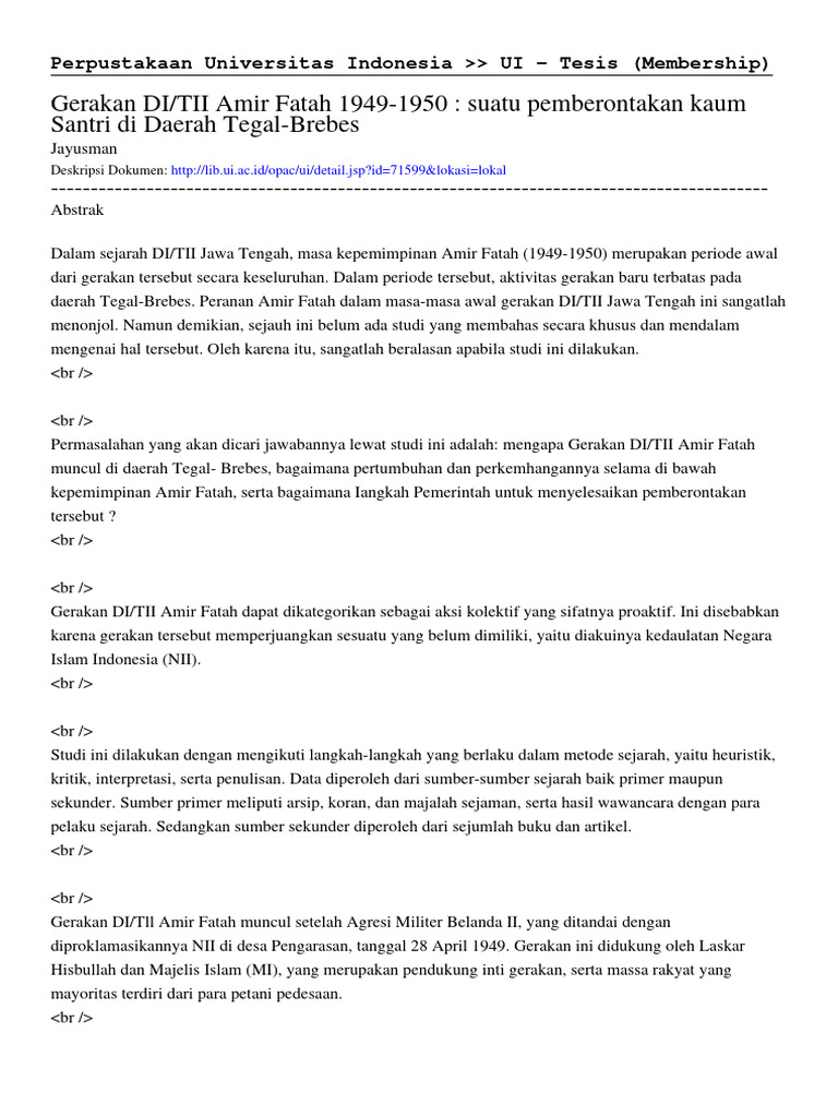Gerakan DI/TII Amir Fatah 1949-1950: Suatu Pemberontakan Kaum Santri Di Daerah Tegal-Brebes | PDF