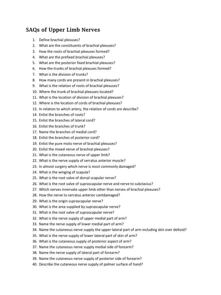 SAQs of Upper Limb Nerves | PDF | Arm | Musculoskeletal System