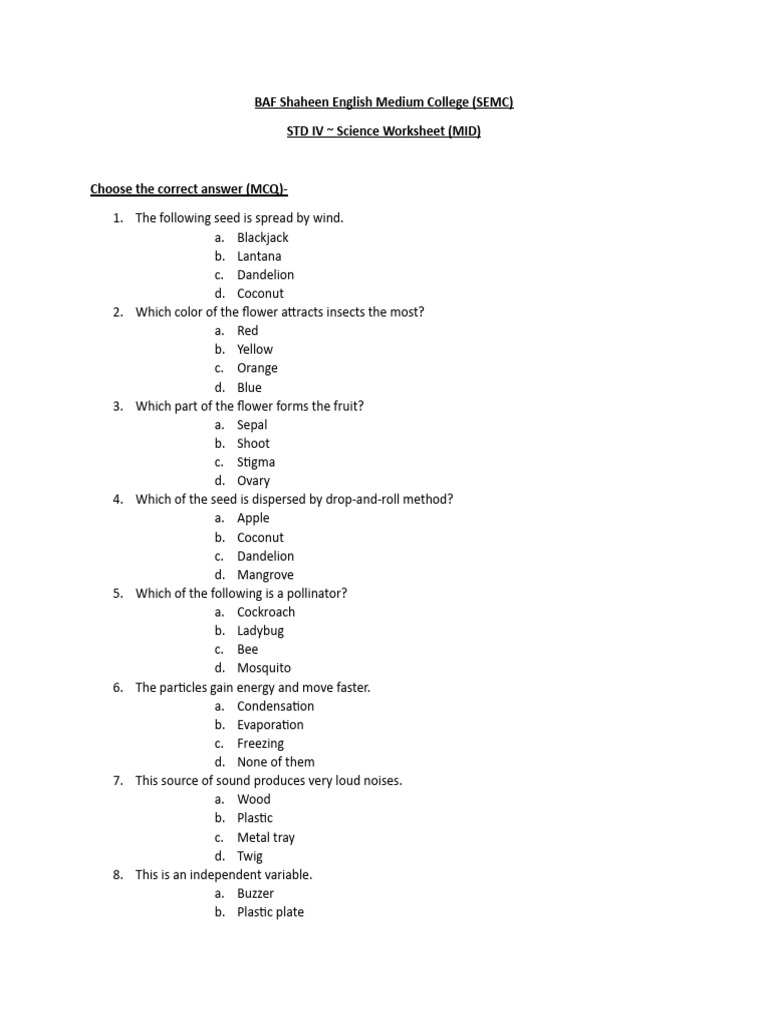 IV Science Worksheet MID | PDF | Flowers | Seed