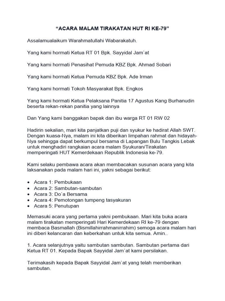 Acara Tirakatan 17 Agustus KBZ | PDF