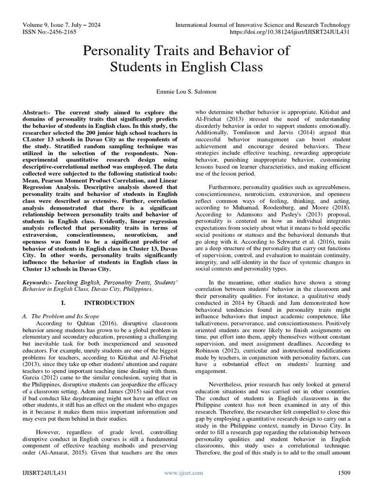 Personality Traits and Behavior of Students in English Class | PDF | Extraversion And ...