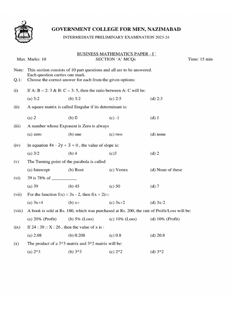 Xi Business Mathematics Prelim Paper 2024 | PDF