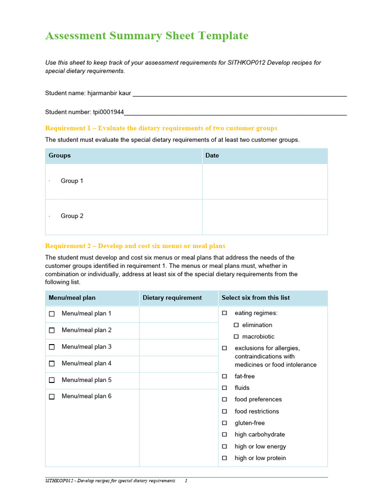 SITHKOP012 Assessment Summary Sheet Template | PDF | Diet (Nutrition ...