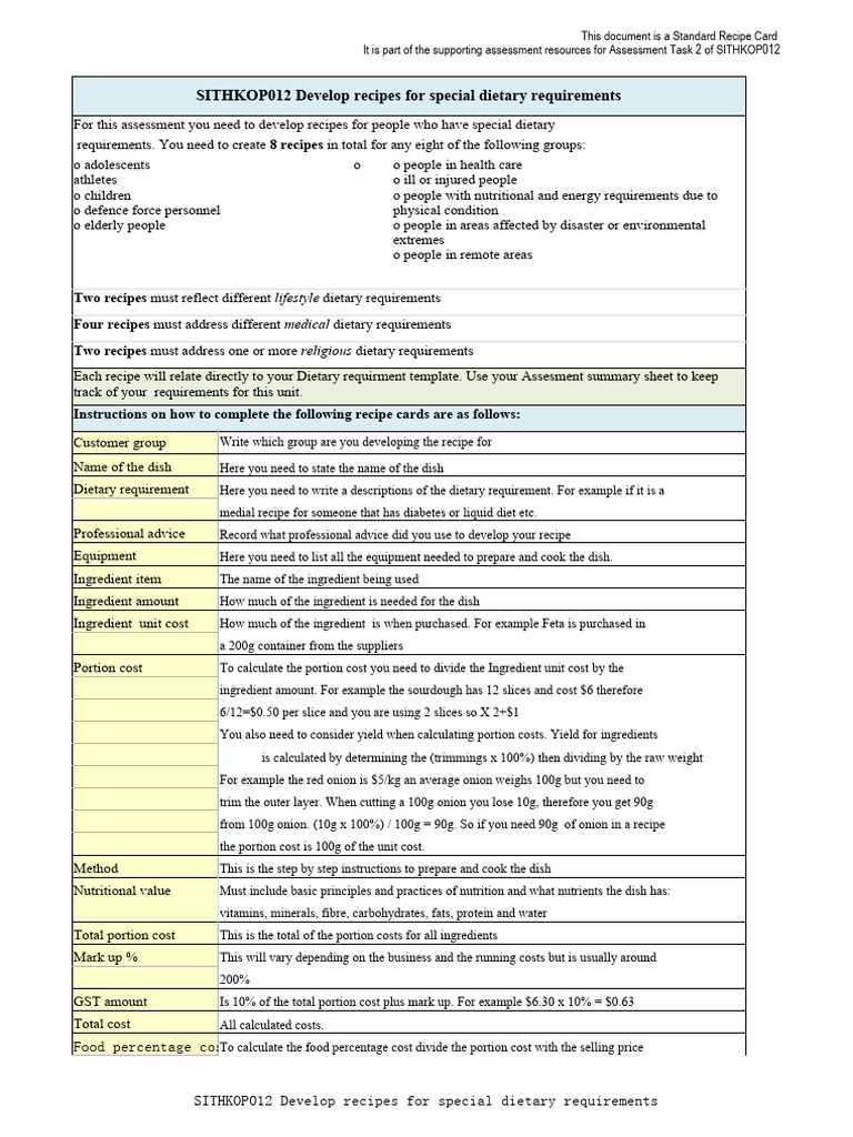 SITHKOP012 Standard Recipe Card Template | PDF | Cooking | Vegetables