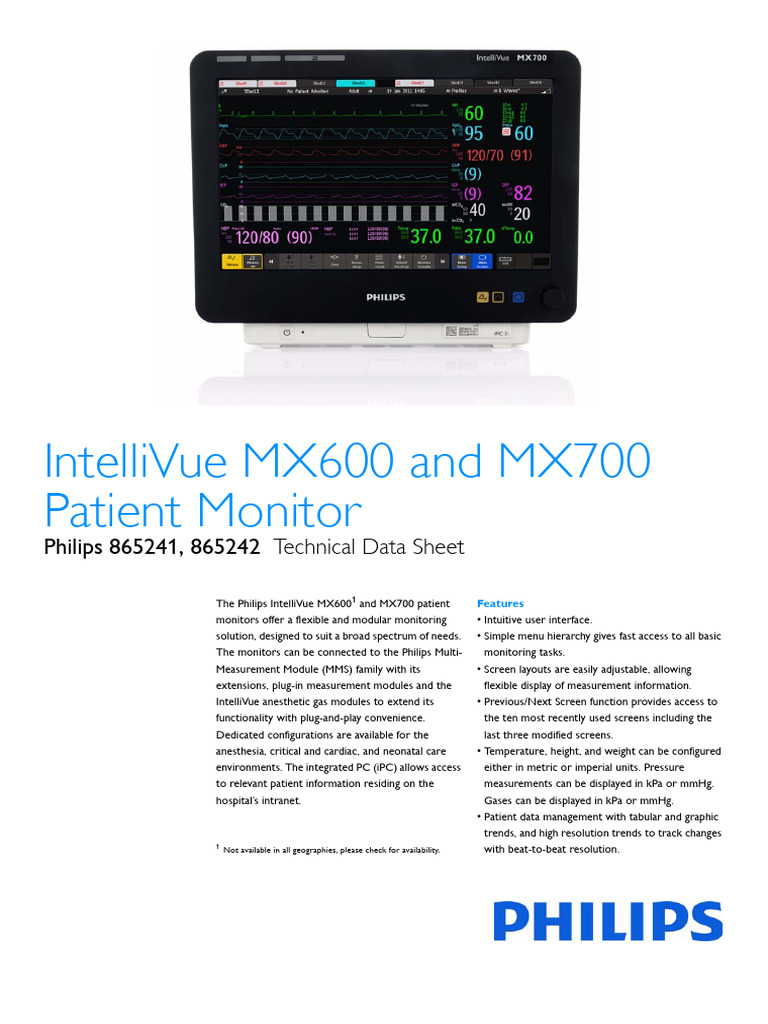 Philips IntelliVue MX600 MX700 Technical Data Sheet | PDF | Monitoring ...