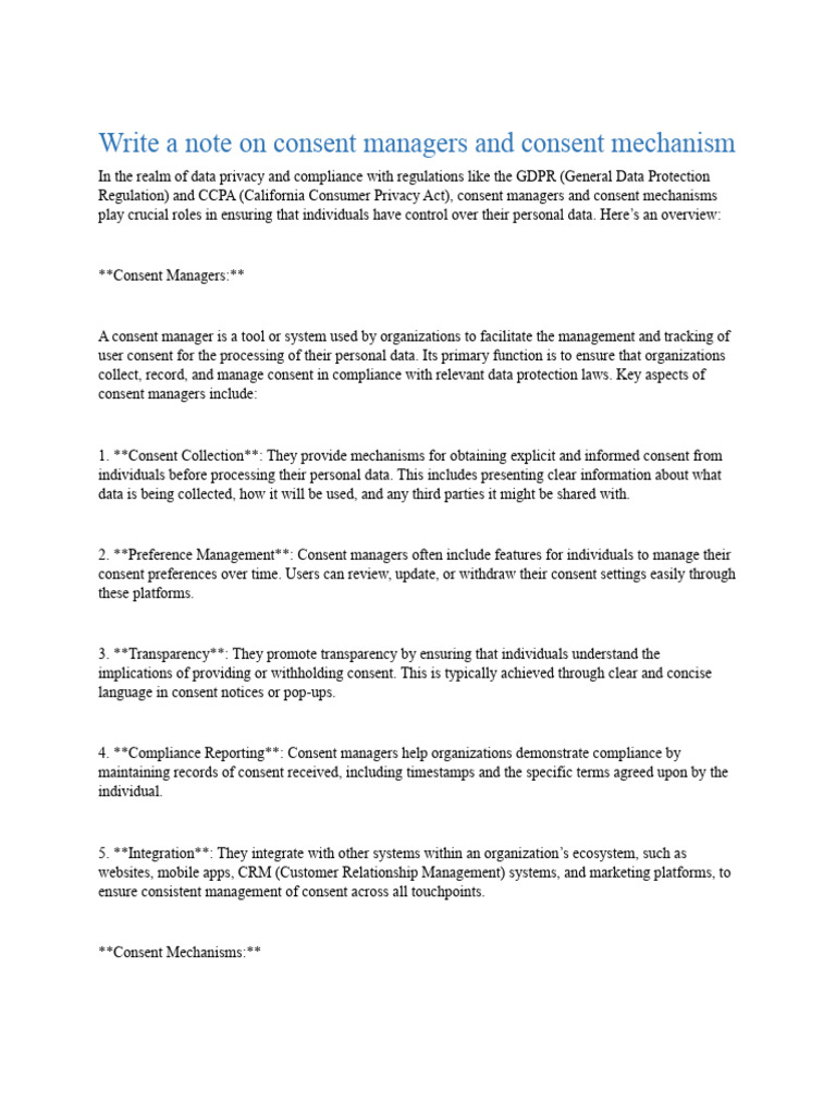 Write A Note On Consent Managers and Consent Mechanism | PDF | Consent ...