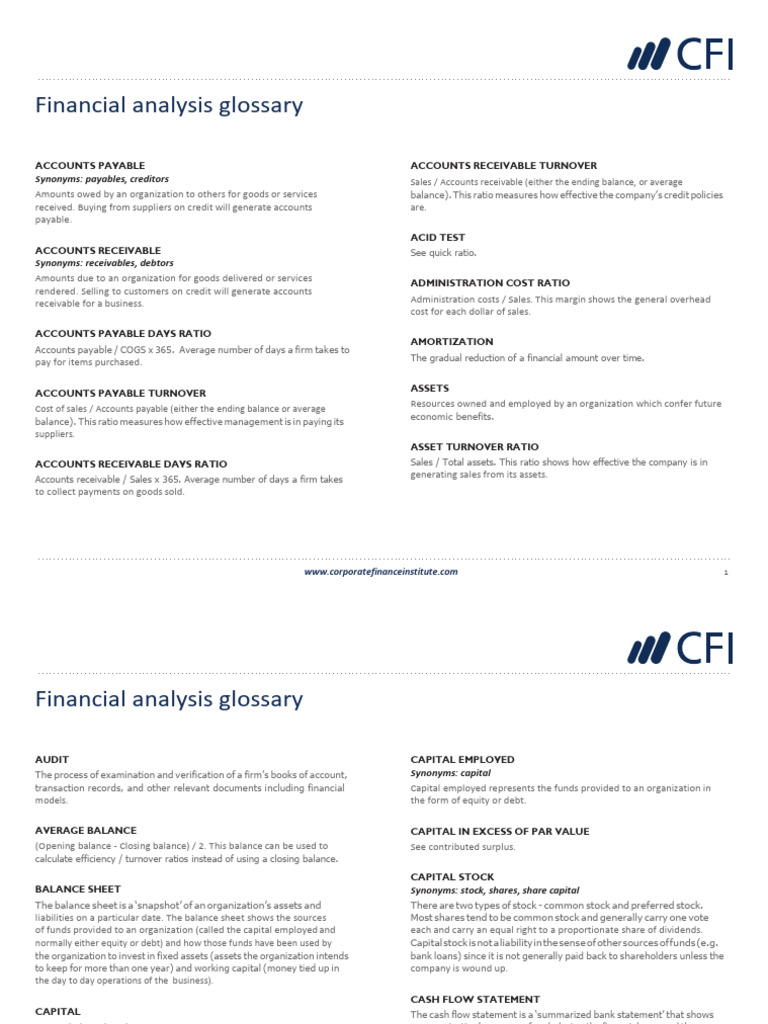 CFI Financial Analysis Glossary | PDF | Book Value | Equity (Finance)