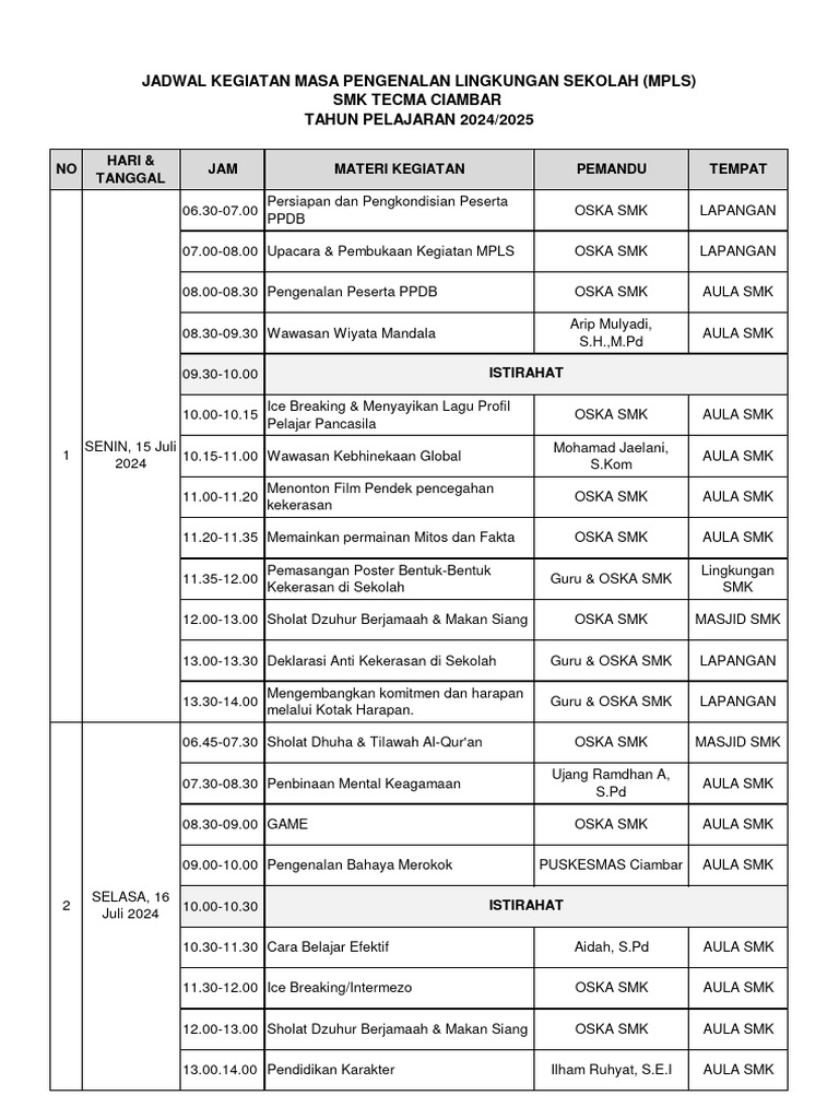 Jadwal Kegiatan MPLS 2024 | PDF