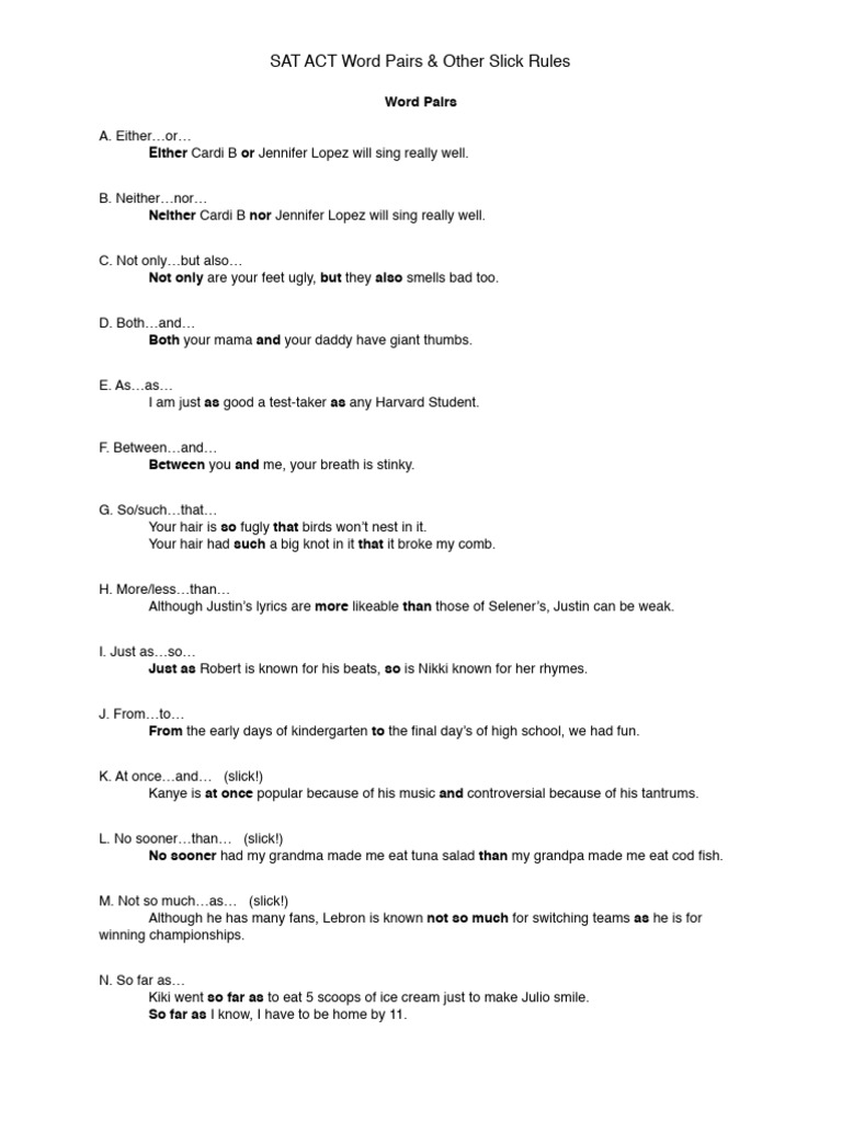 SAT ACT Grammar Word Pairs Other Slick Rules | PDF | Linguistics | Syntax