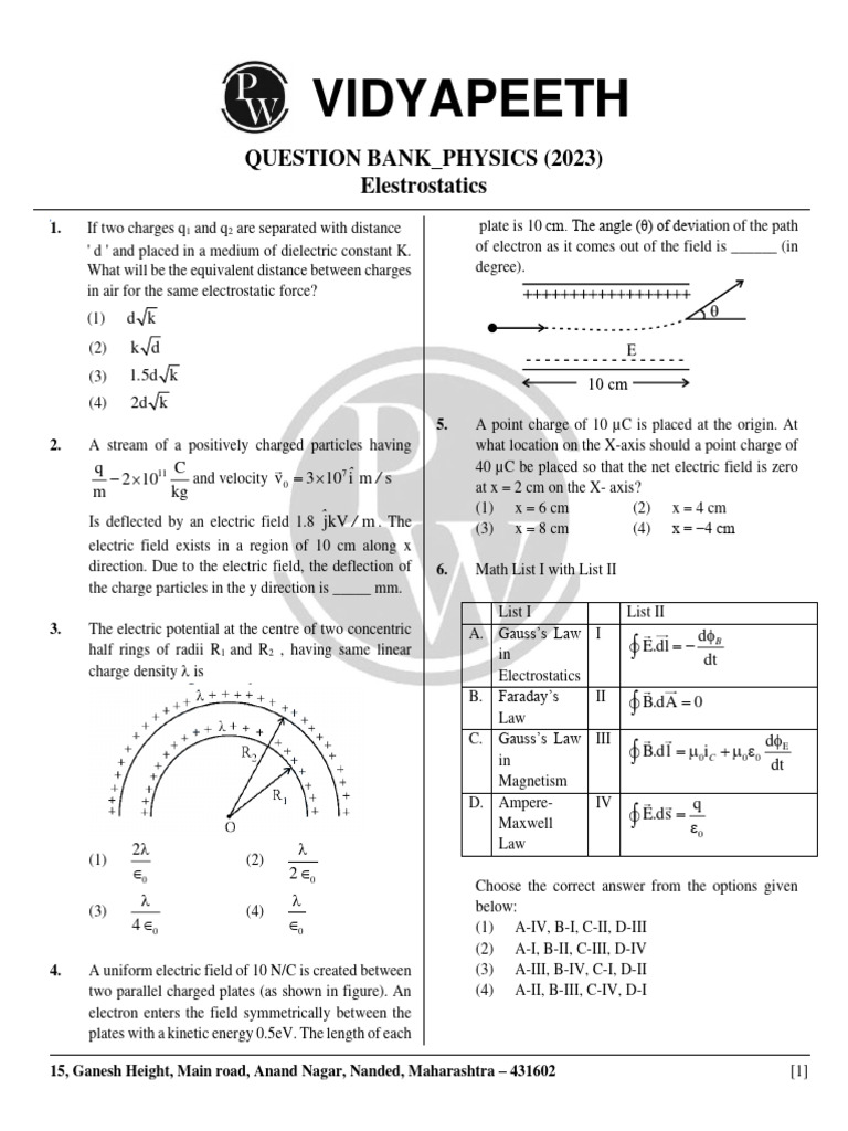 JEE MAINS 2023 Physics Question Bank | PDF | Electrostatics | Electric Field