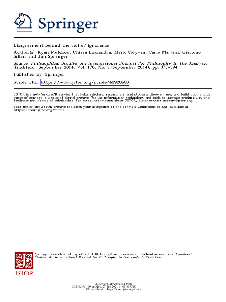 Disagreement Behind The Veil of Ignorance | PDF | Science | Liberal ...