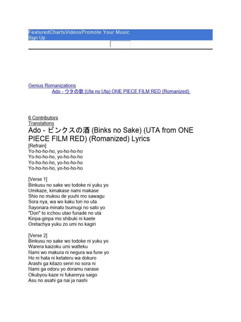 Ado - ビンクスの酒 (Binks no Sake) (UTA from ONE PIECE FILM RED) (Romanized) | PDF