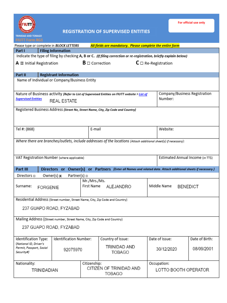FIUTT Registration Form RG1 | PDF | Identity Document