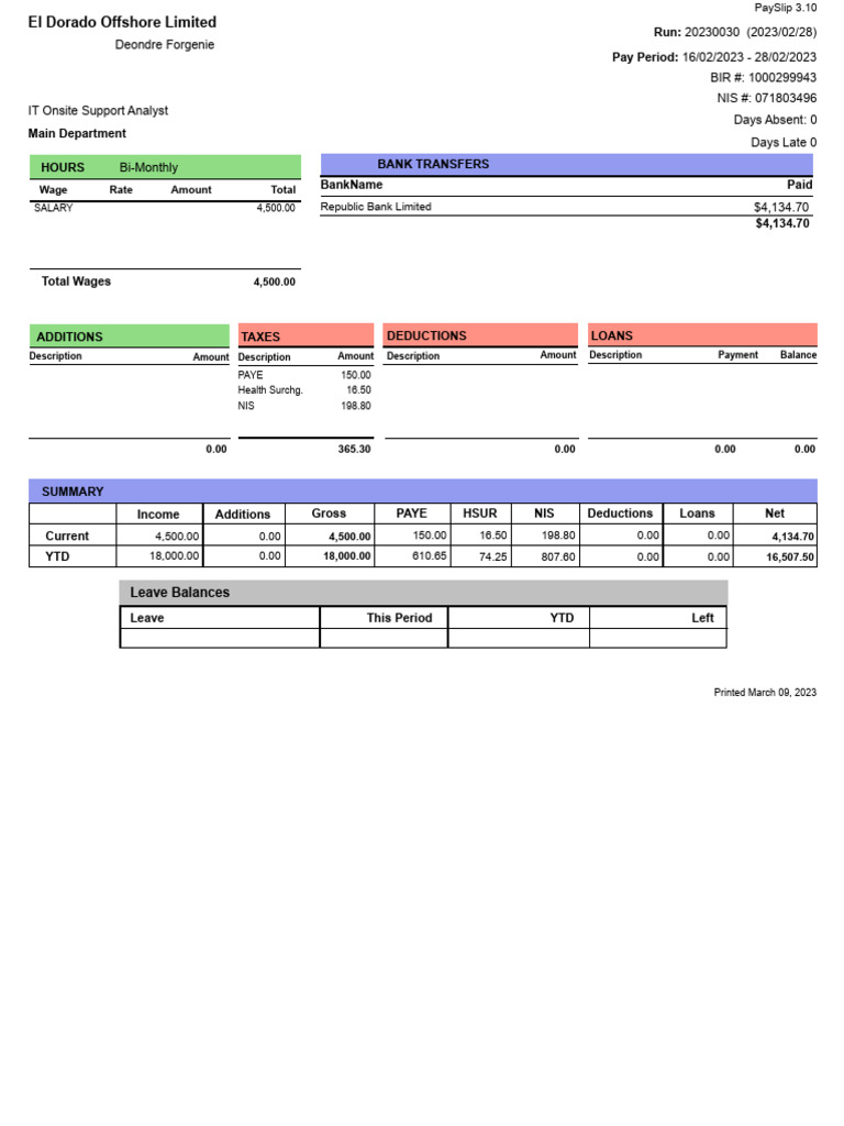 Sample Payslip for IT Analyst in Ireland | PDF | Personal Finance ...