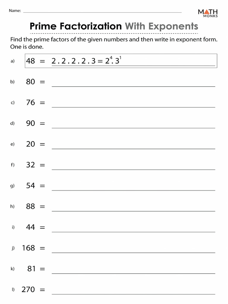 Prime Factorization Worksheet With Exponents | PDF Prime Factorization Worksheet With Exponents | PDF