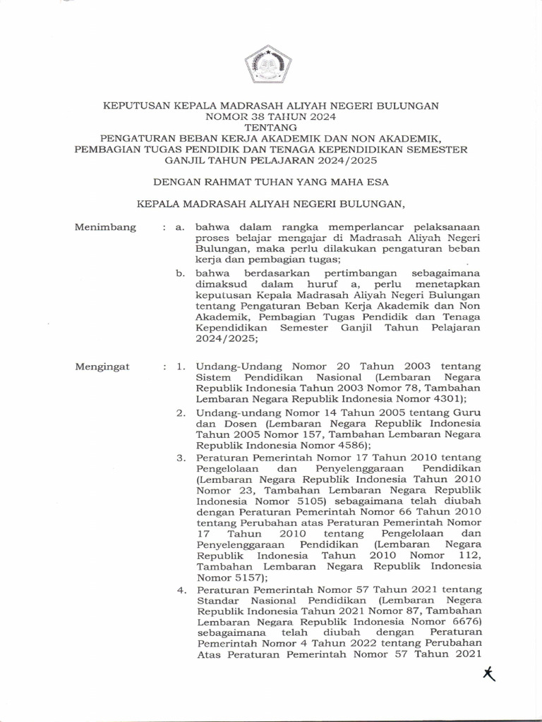 2024 - 38 - SK - Pengaturanh Beban Kerja Akademik Dan Non Akademik, Pembagian Tugas Pendidik Dan ...