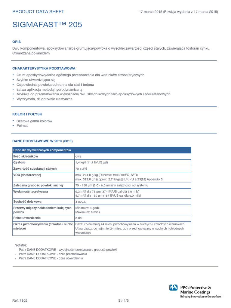 Sigma Fast 205 Karta Techniczna | PDF