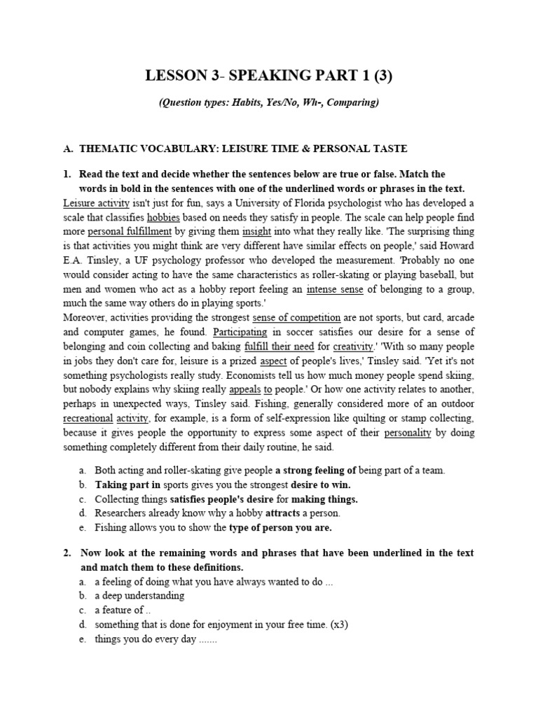 Lesson 3- Part 1 (2) | PDF | Feeling | Hobbies