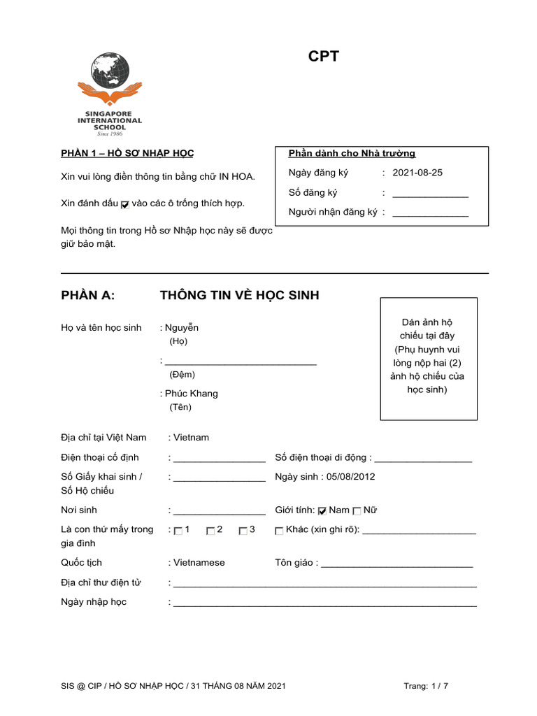 VN-SIS at CIP - Enrolment Form - 3 | PDF