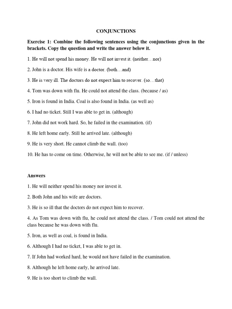 Conjunctions Worksheets with Answers | PDF | Cuisine