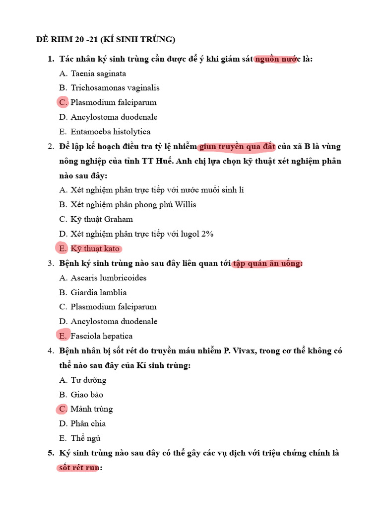 ĐỀ RHM 21 22 KÍ SINH TRÙNG | PDF