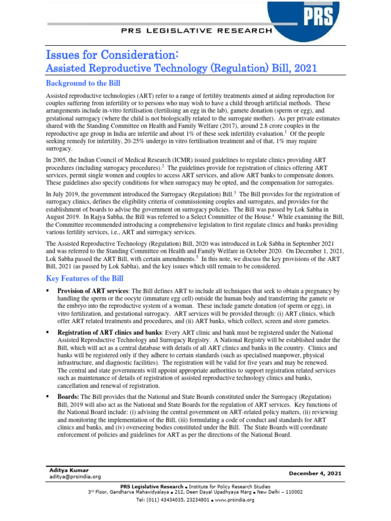 Issues For Consideration - ART Bill, 2021 | PDF | Assisted Reproductive ...