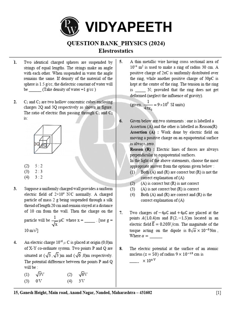 JEE MAINS 2024 Physics Question Bank | PDF | Electric Field | Electrostatics