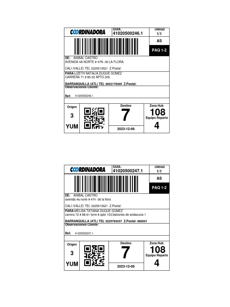 Rotulo Envios Anibal Cali | PDF