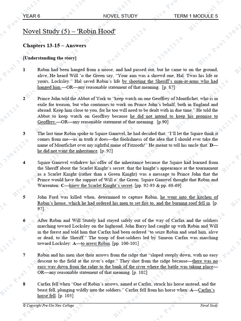 Year 6 Robin Hood Novel Study Answers | PDF