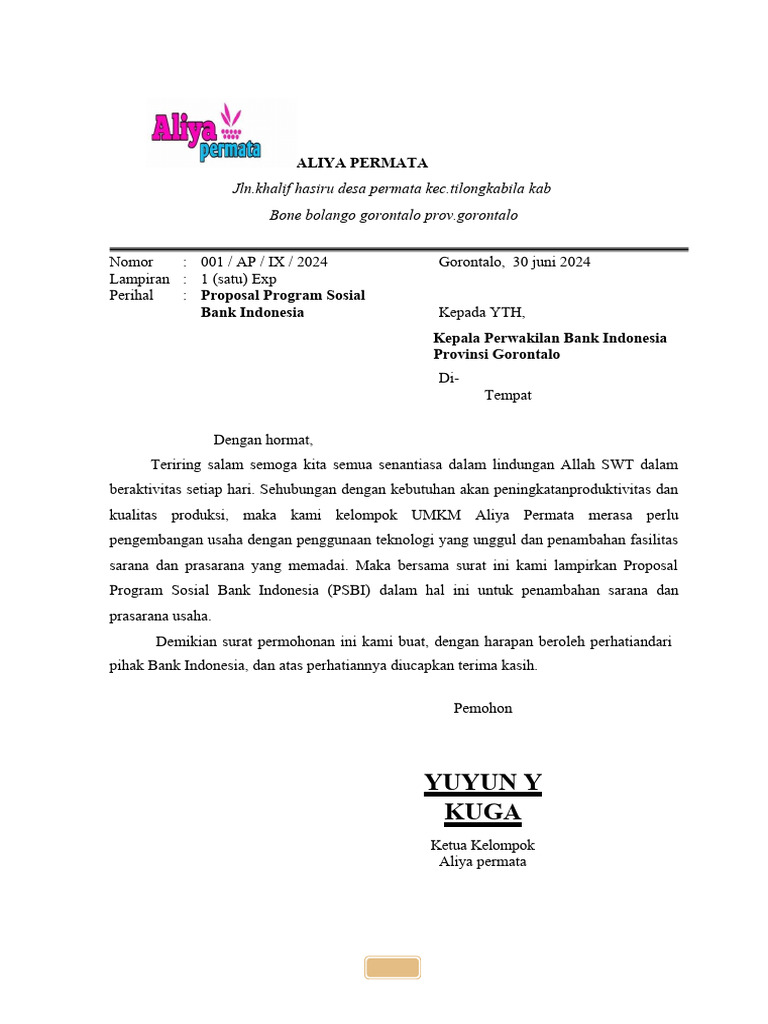 Proposal Pengembangan UMKM Aliya Permata | PDF