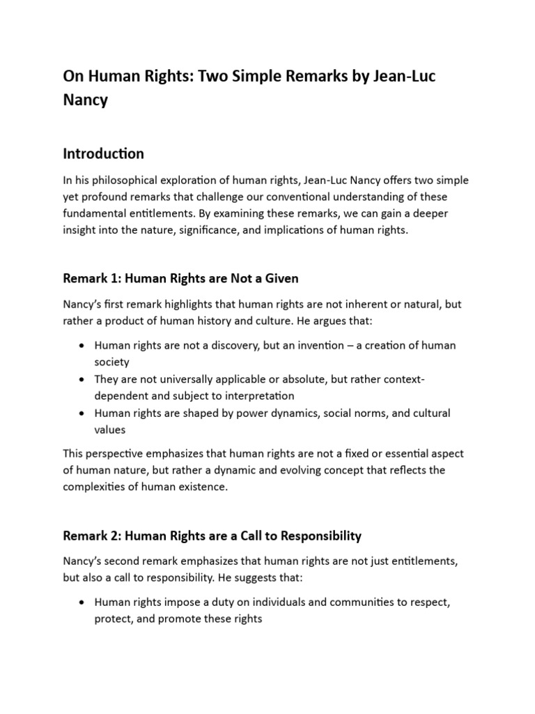 On Human Rights. Two Simple Remarks by Jean-Luc Nancy | PDF | Human ...