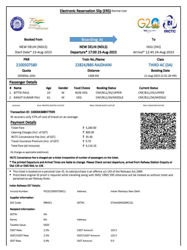 22824/BBS RAJDHANI Third Ac (3A) | PDF | Identity Document