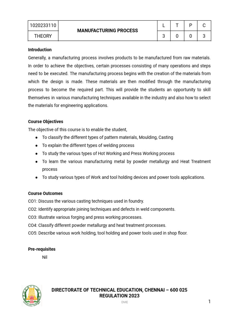 Manufacturing Process Course Guide | PDF | Deformation (Engineering ...